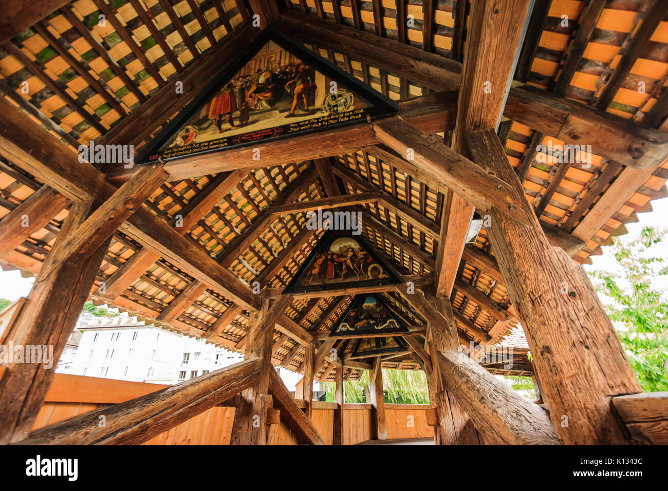 Inside view of ancient wooden Chapel Bridge (Kapellbrucke) over Reuss ...