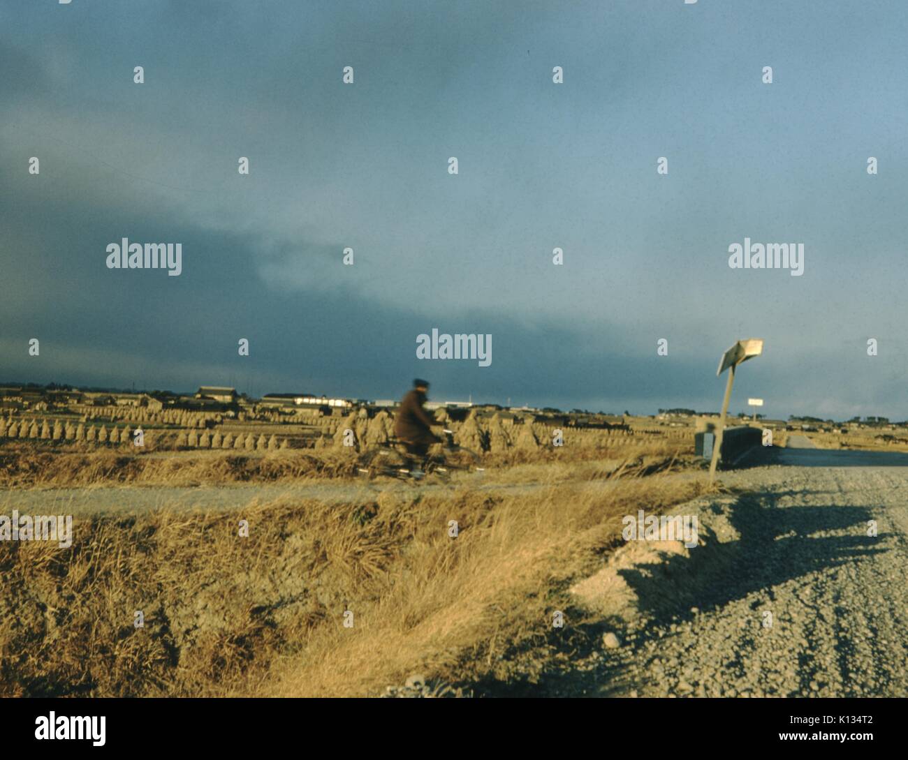 Japanese man in brown coat riding his bicycle across a field and ...