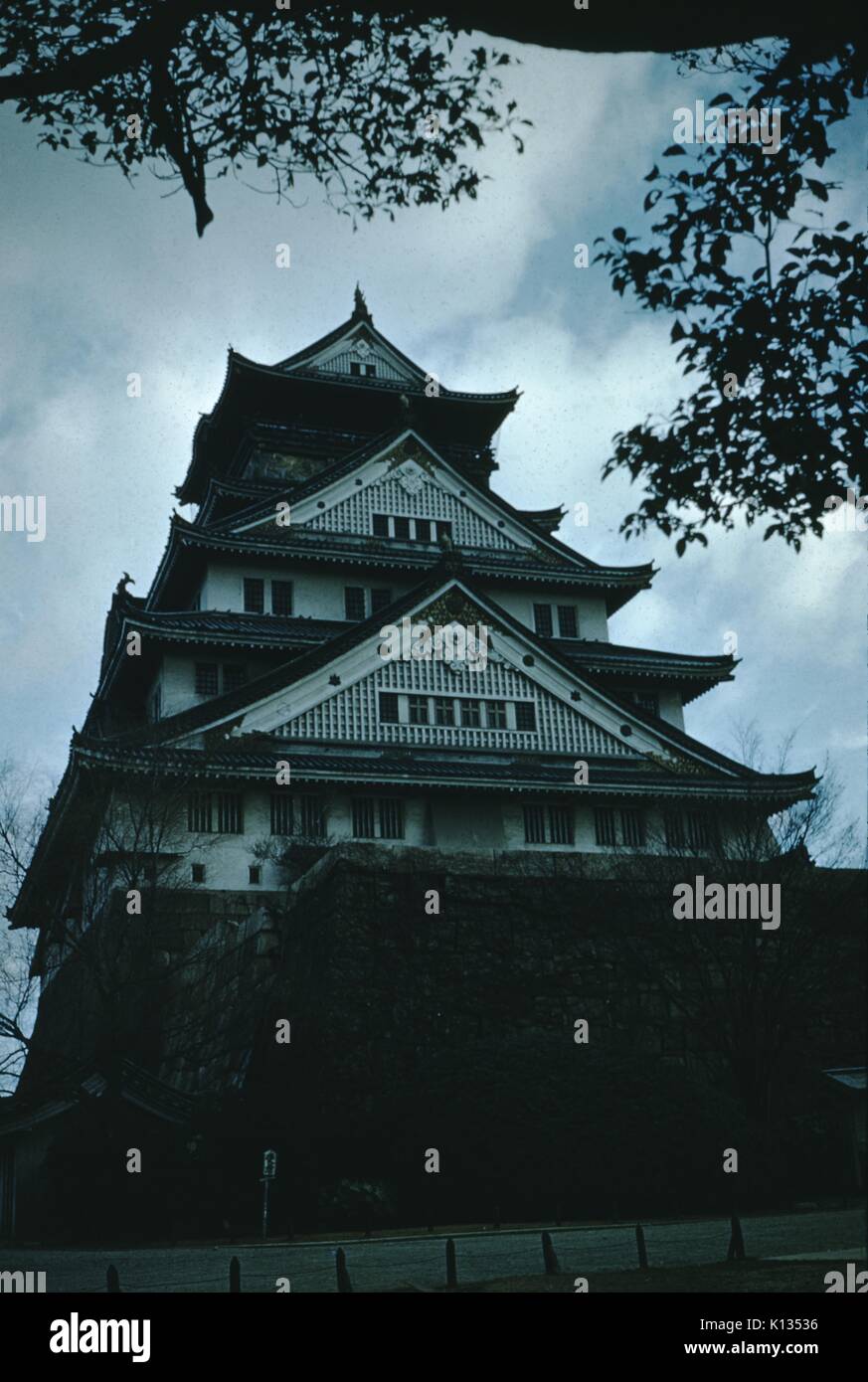 Osaka castle, with stone wall below the castle visible, Osaka, Japan ...