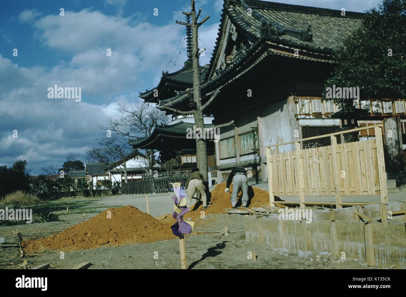 Two men excavating soil outside a Japanese temple, Gohei with purple ...