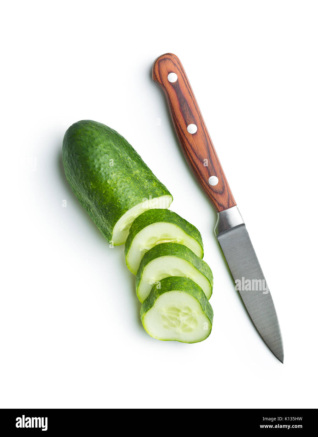Fresh sliced cucumber isolated on white background. Cucumber and knife ...
