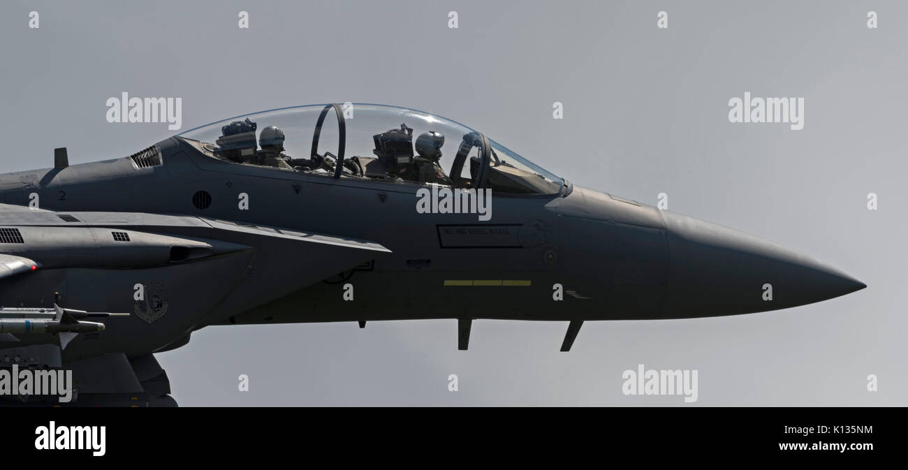 F-15 Eagle aircraft from RAF Lakenheath on a low level training flight ...