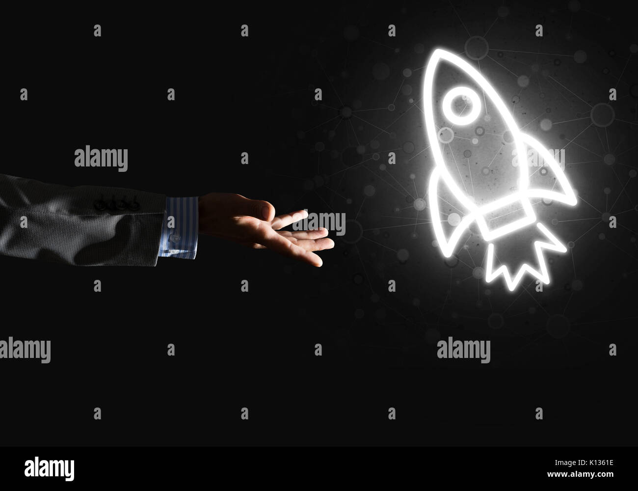 Man palm presenting Rocket web icon as technology concept Stock Photo ...