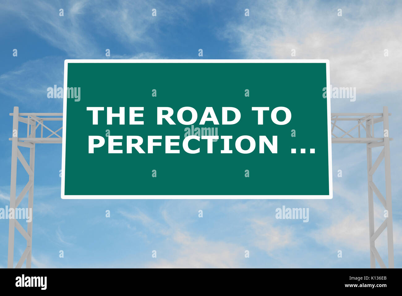 3D illustration of "THE ROAD TO PERFECTION …" script on road sign Stock ...