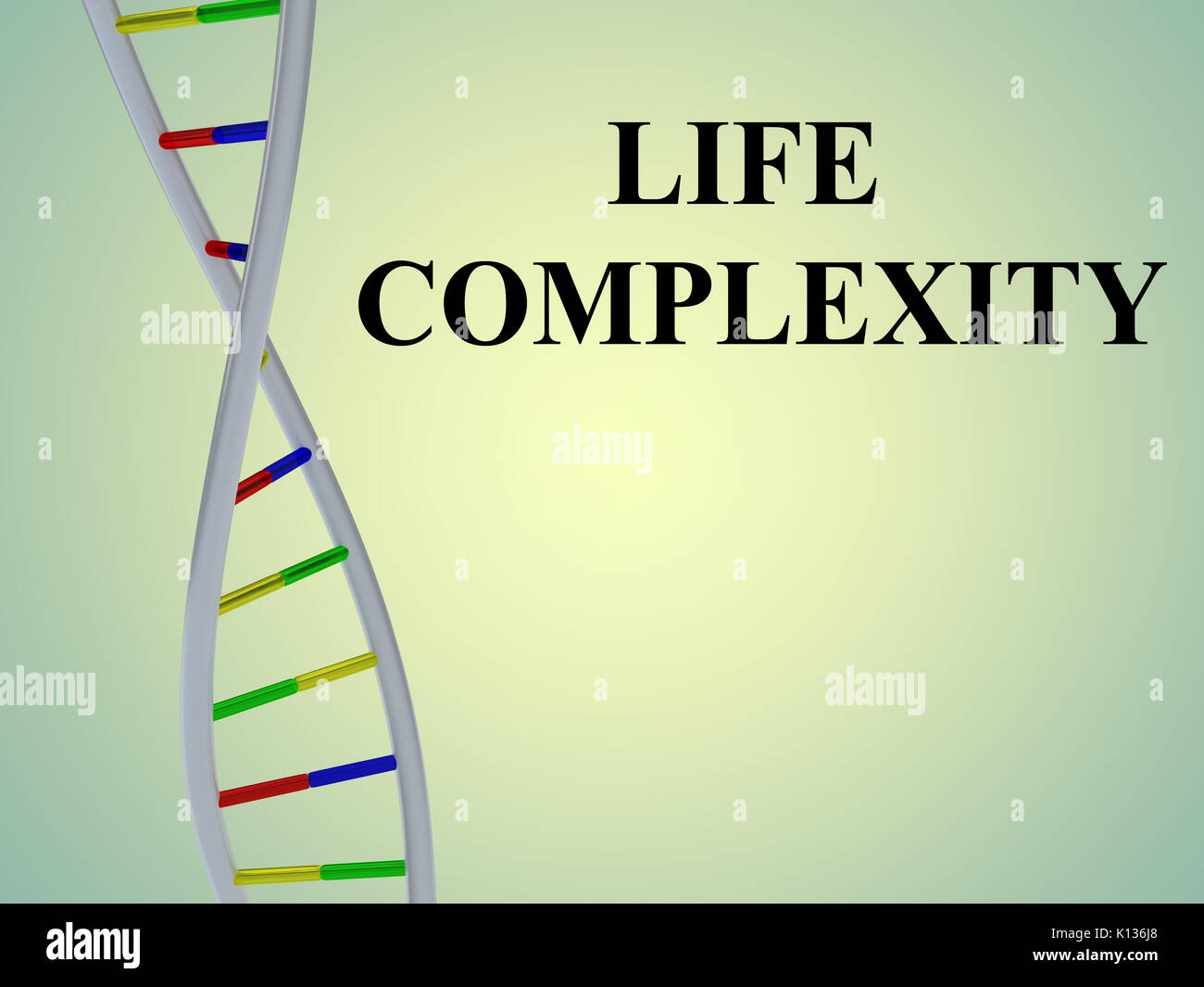 3D illustration of "LIFE COMPLEXITY" script with DNA double helix ...