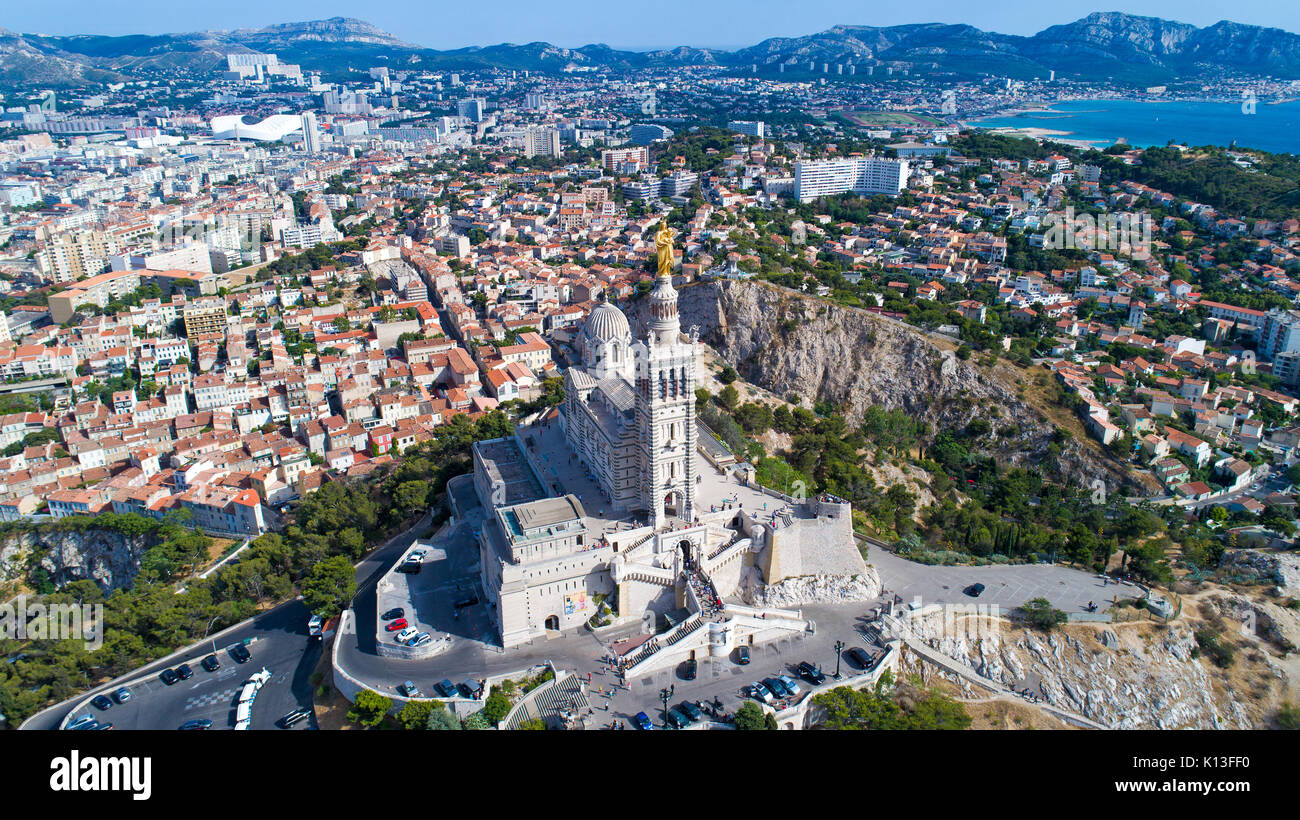 Aerial photo of Notre Dame de la Garde basilica in Marseille city ...