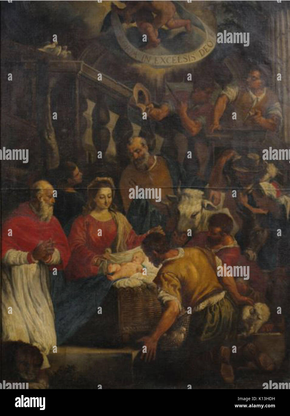 This artwork depicts the biblical scene of the Adoration of the ...