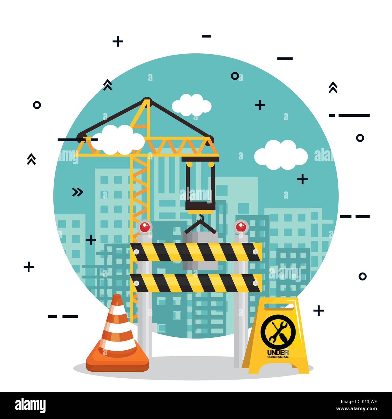 under construction barricade cone road crane board building vector ...