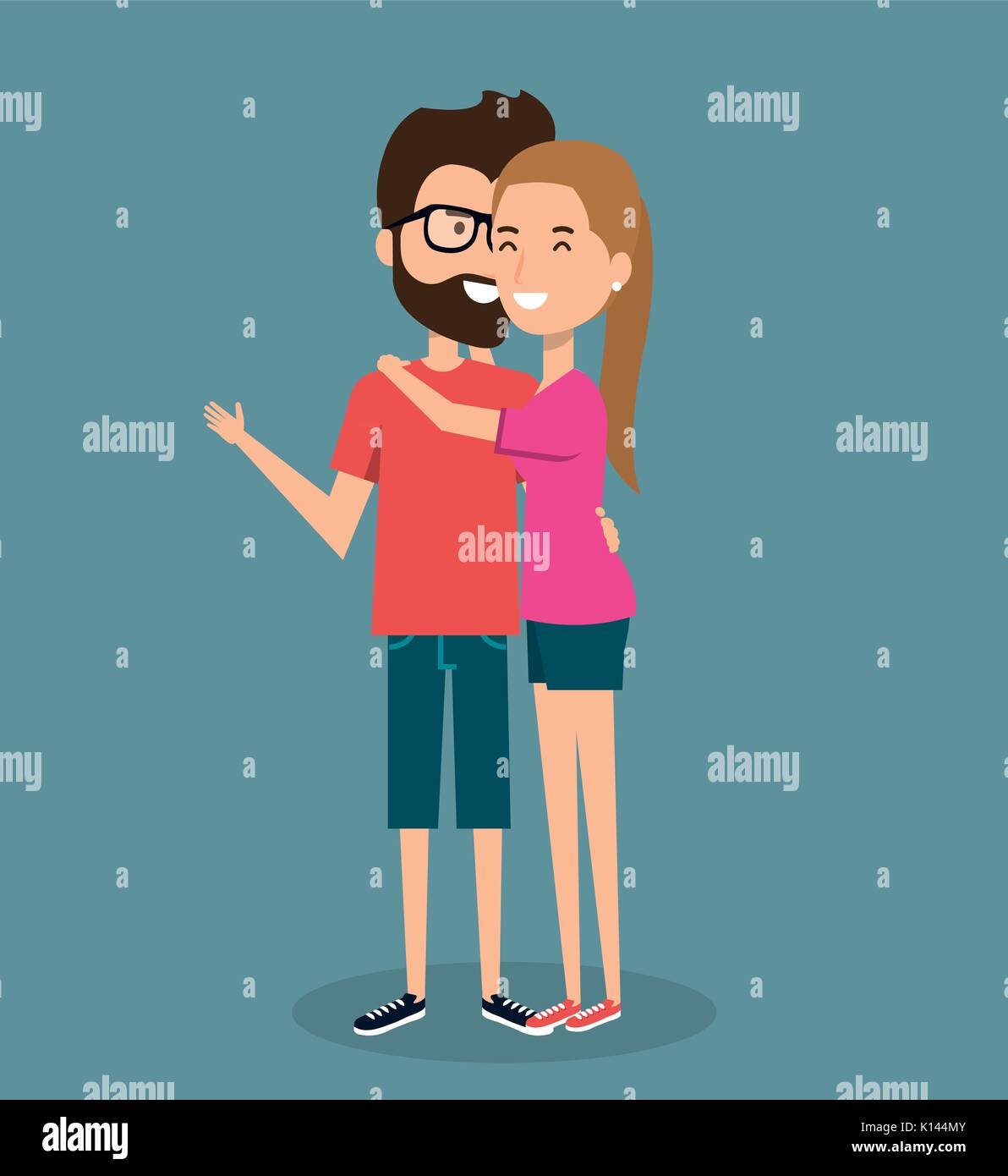 young happy couple gesturing smile on blue background vector ...