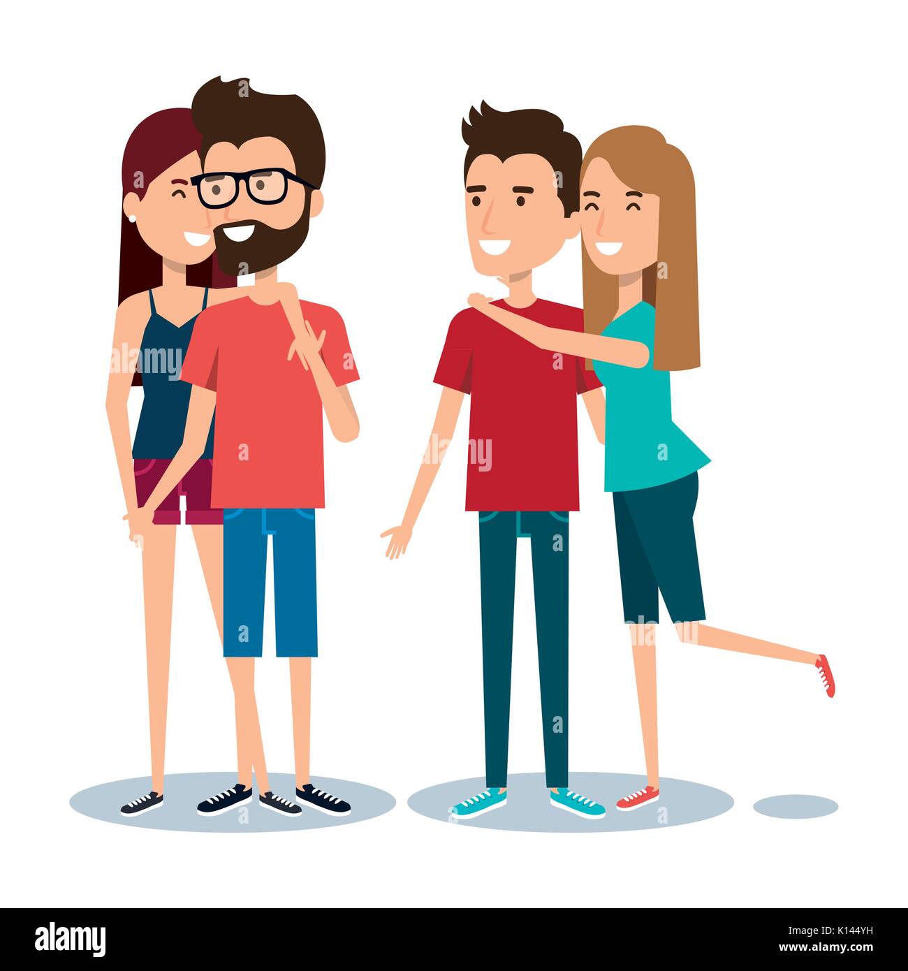 two couples of young people together cartoon style vector illustration ...