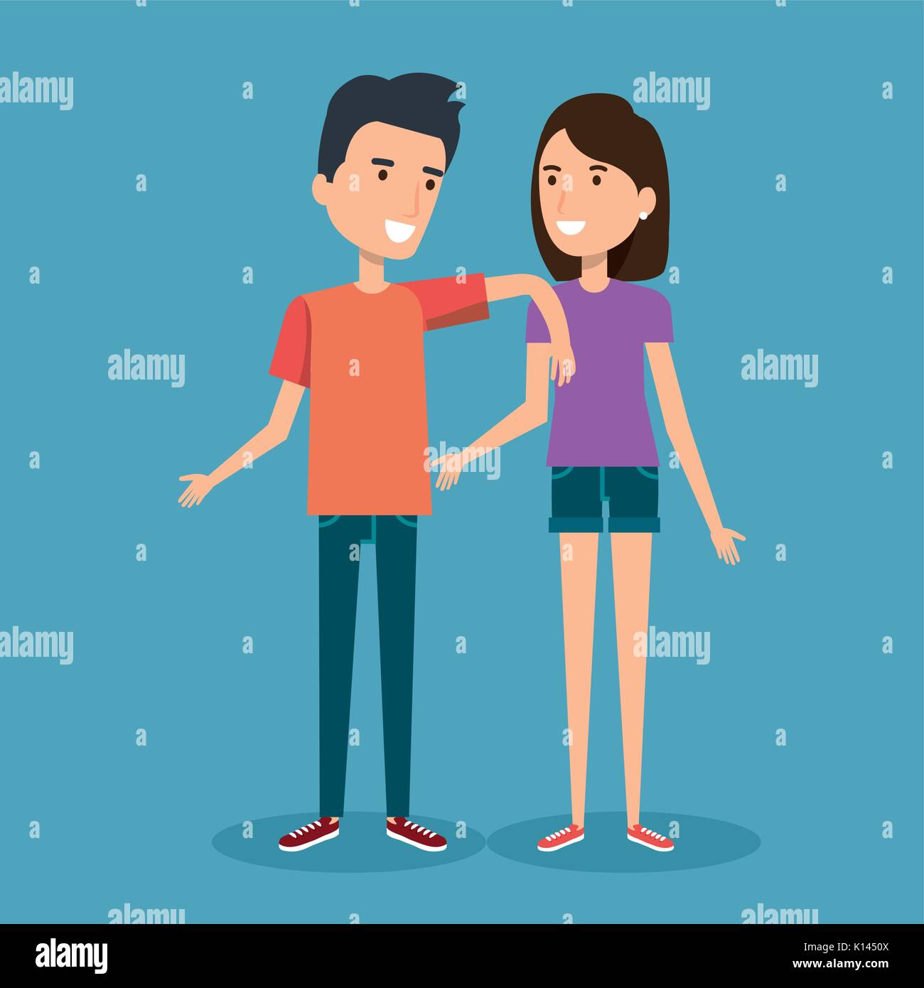 young happy couple gesturing smile on blue background vector ...