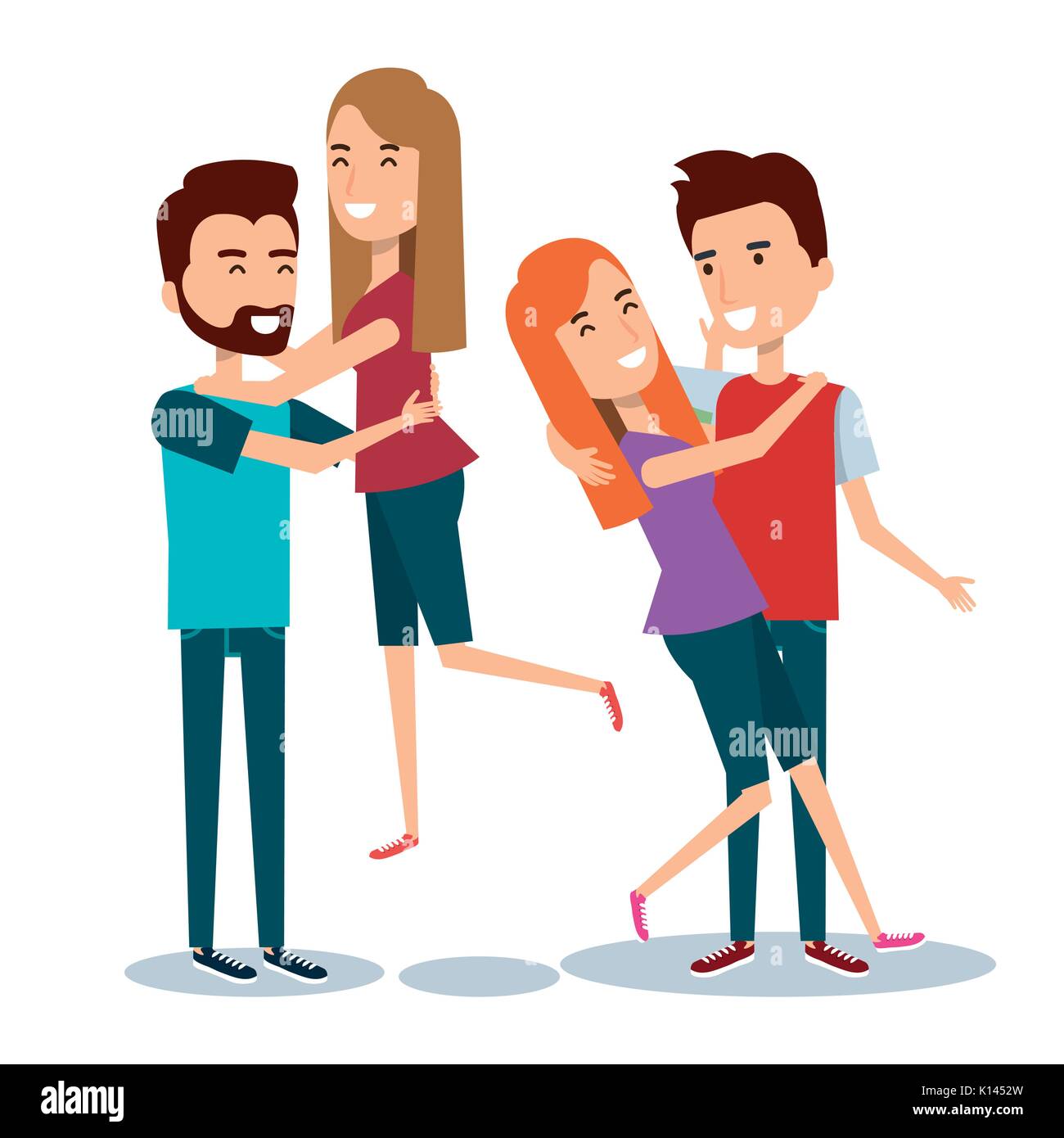 two couples of young people together cartoon style vector illustration ...