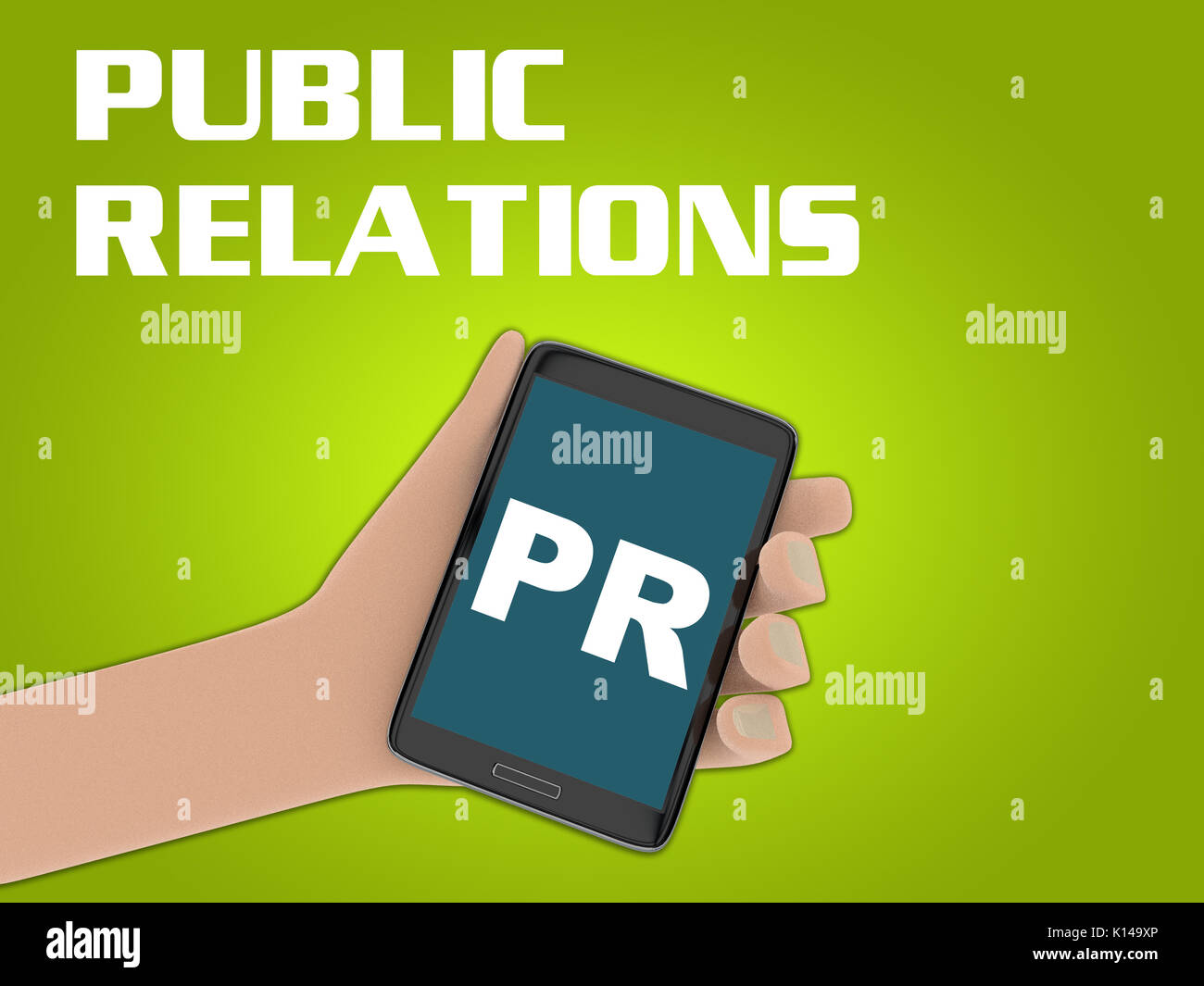3D illustration of "PR" script on the screen of a cellulr phone held by ...