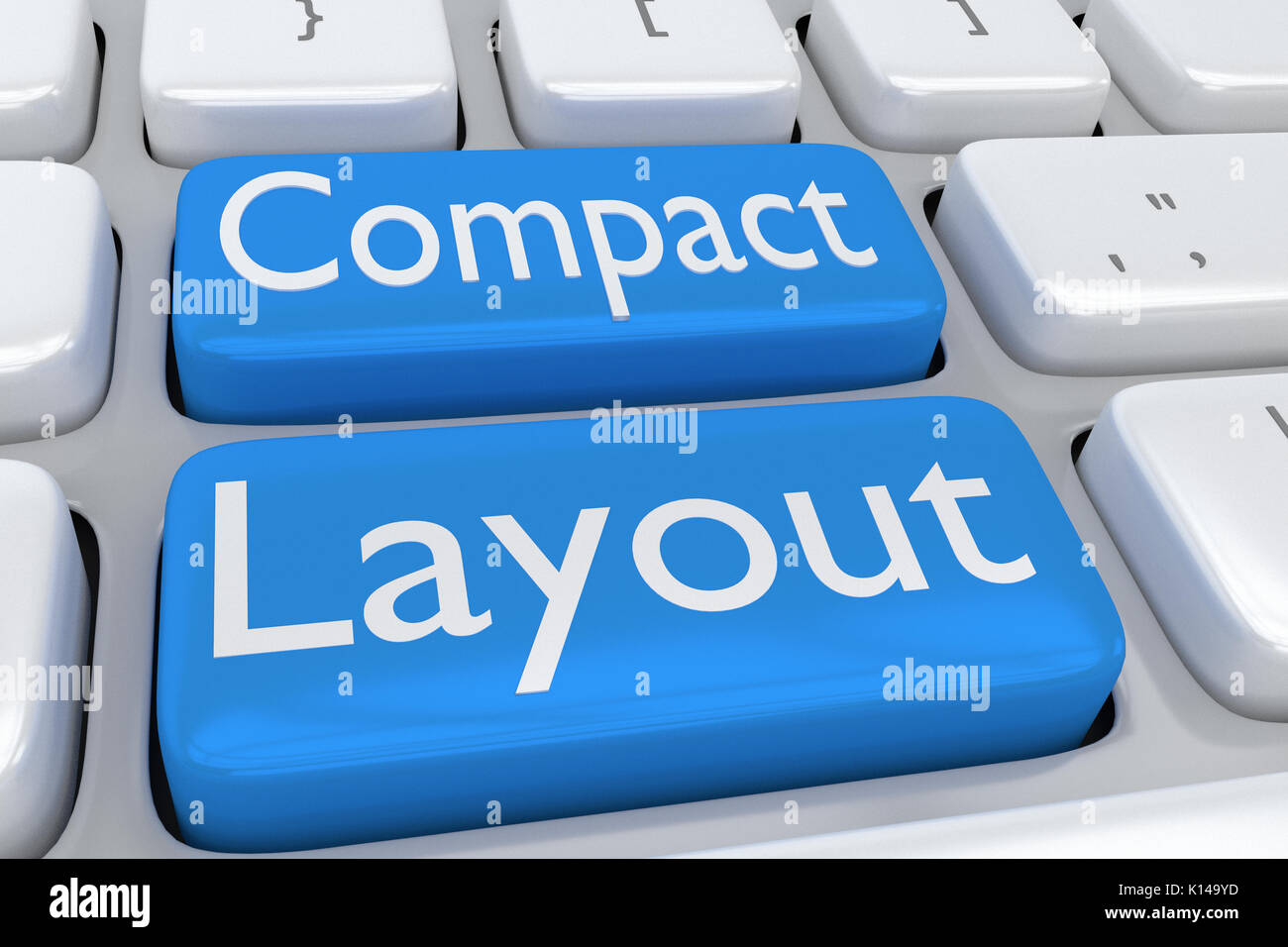 3D illustration of computer keyboard with the script "Compact Layout" on two adjacent pale blue ...