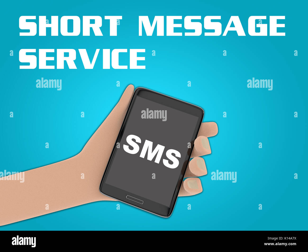 3D illustration of "SMS" script on the screen of a cellulr phone held ...