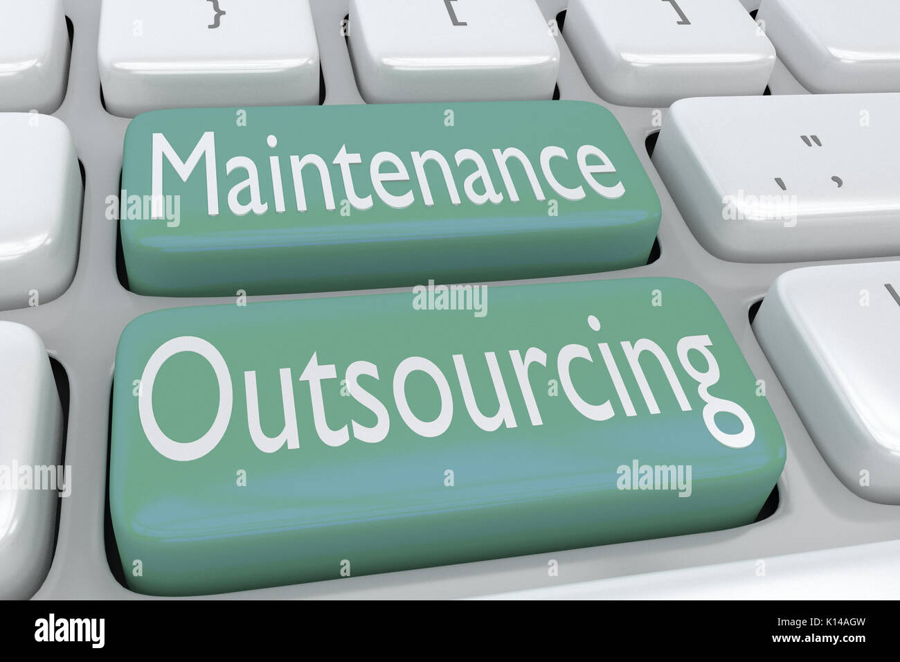 3D illustration of computer keyboard with the script "Maintenance Outsourcing" on two adjacent ...