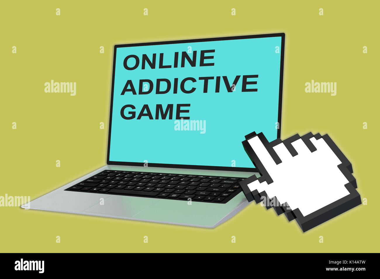 3D illustration of "ONLINE ADDICTIVE GAME" script with pointing hand ...