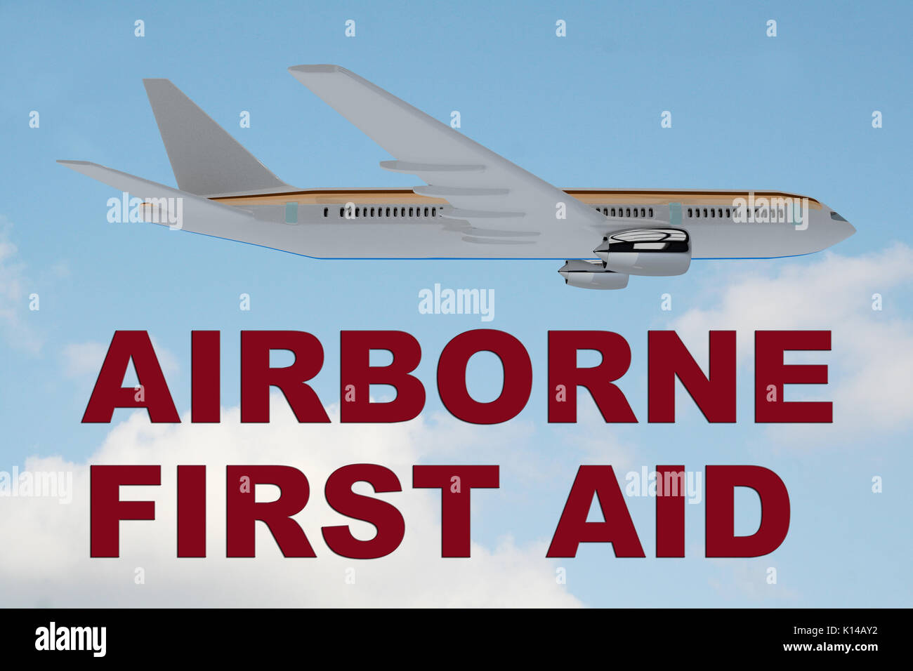 3D illustration of "AIRBORNE FIRST AID" title on cloudy sky as a ...
