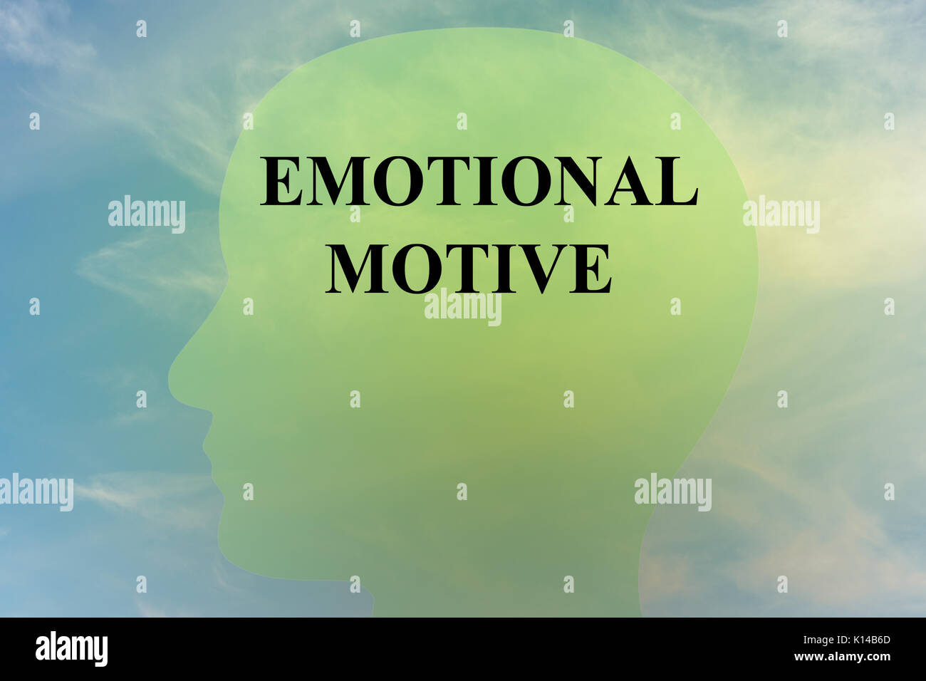Render illustration of "EMOTIONAL MOTIVE" script on head silhouette ...