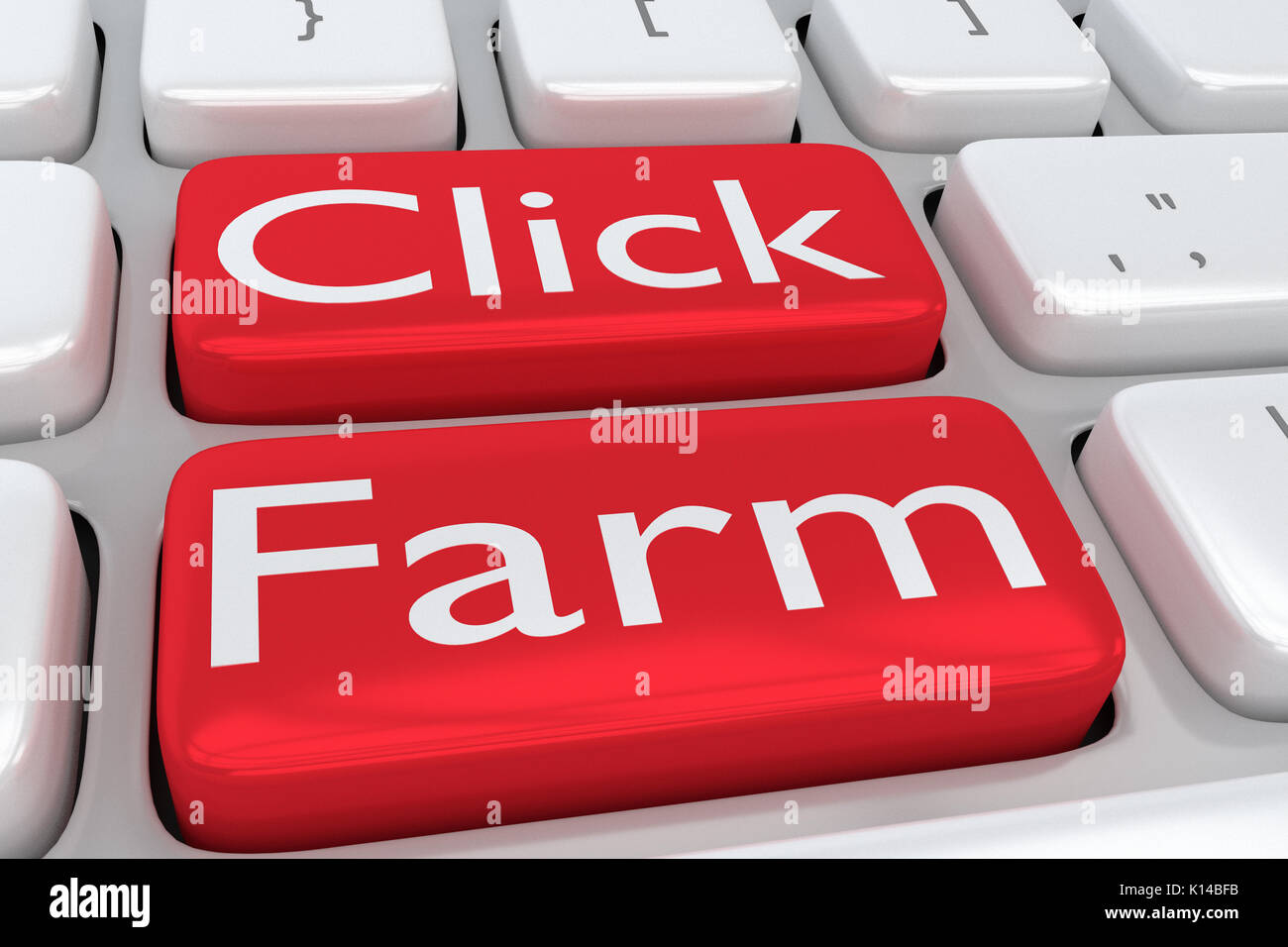 3D illustration of computer keyboard with the print "Click Farm" on two adjacent red buttons ...