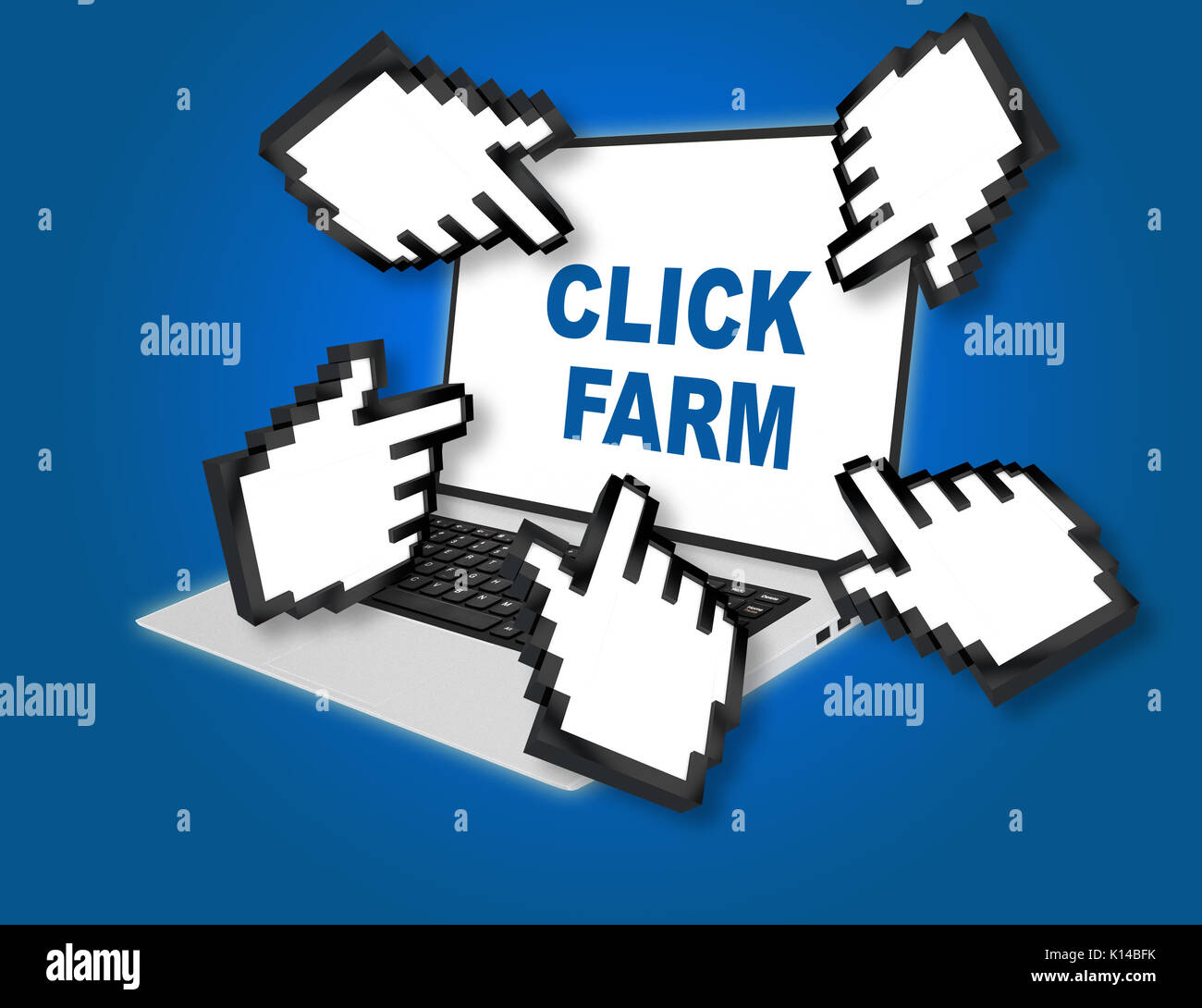 3D illustration of "CLICK FARM" script with pointing hand icons ...