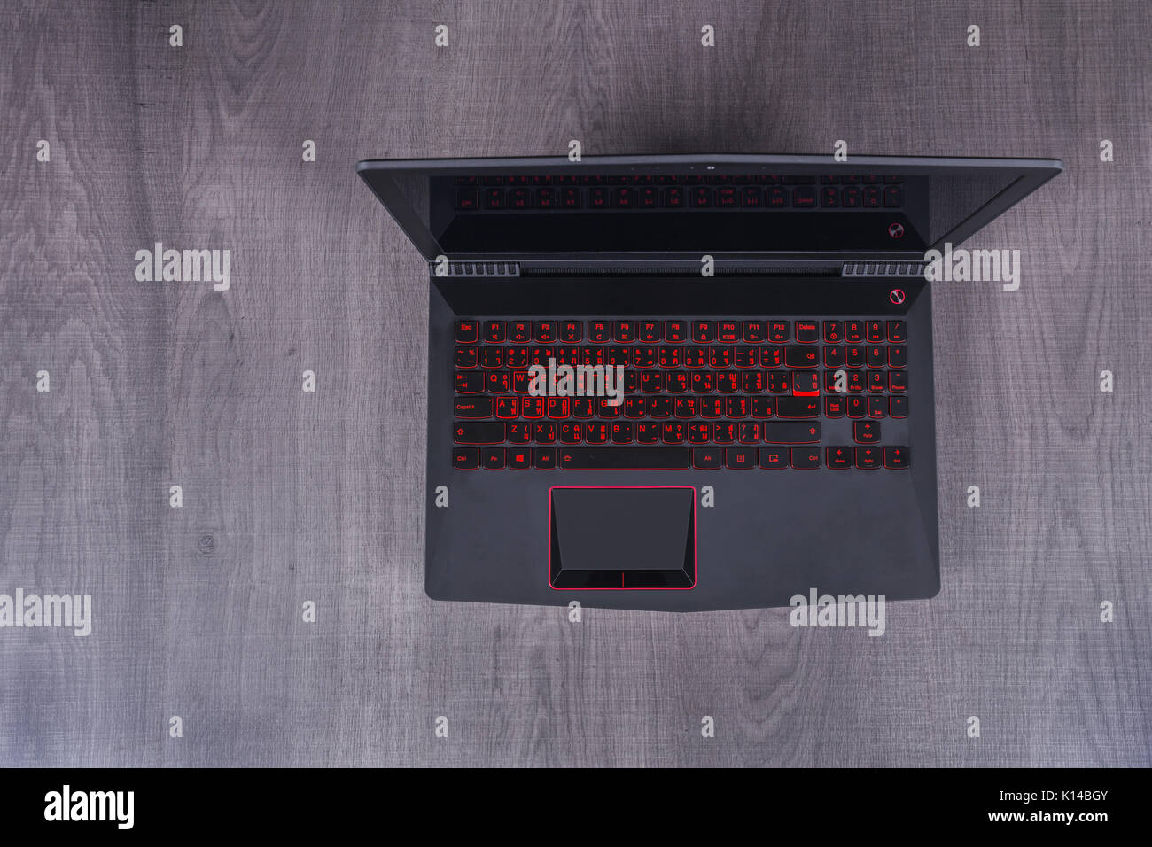 laptop computer on wood table background Stock Photo - Alamy