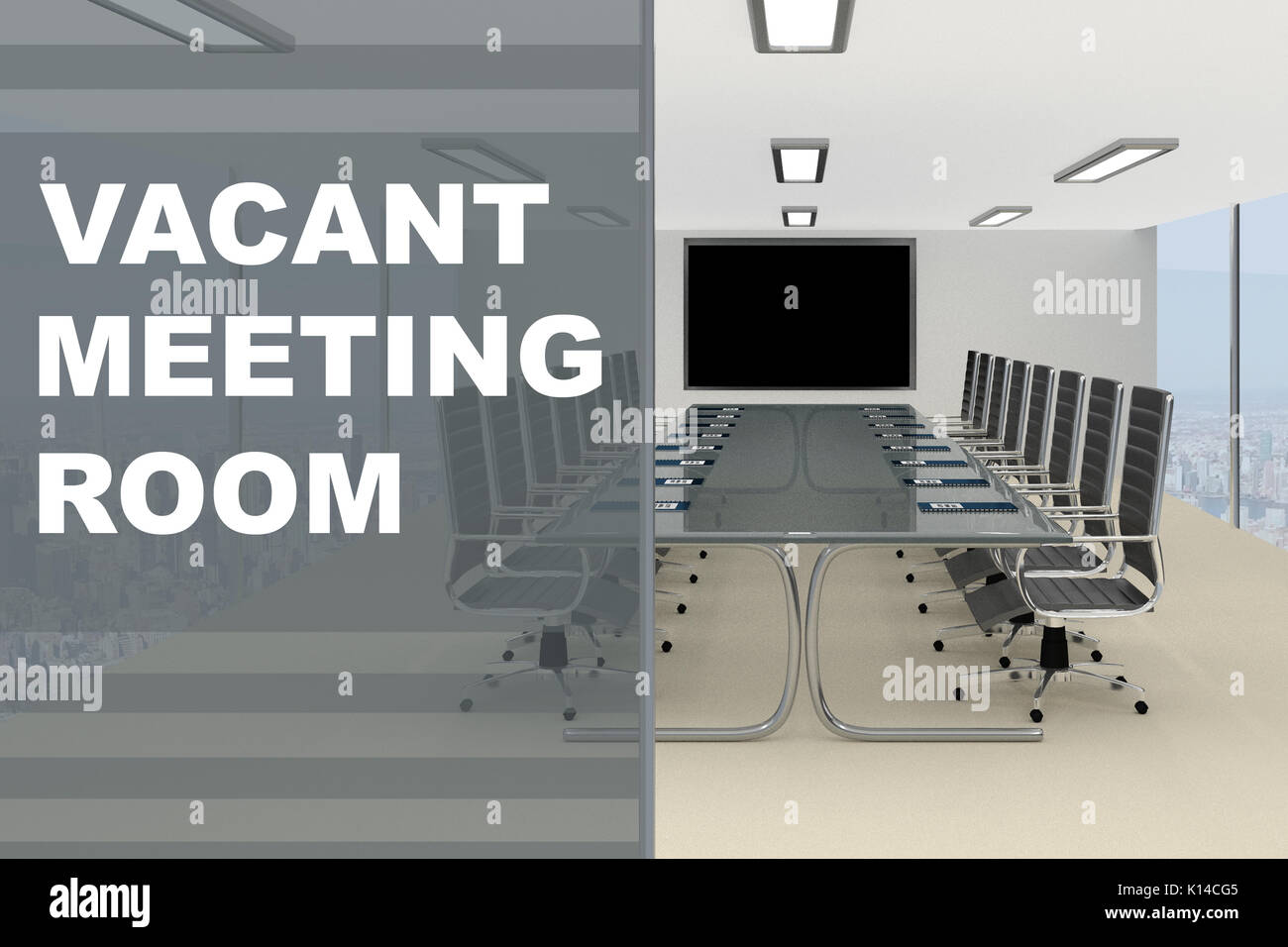 3D illustration of "VACANT MEETING ROOM" title on a glass compartment ...