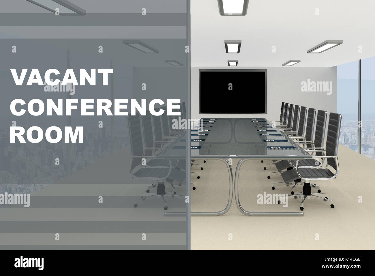 3D illustration of "VACANT CONFERENCE ROOM" title on a glass ...