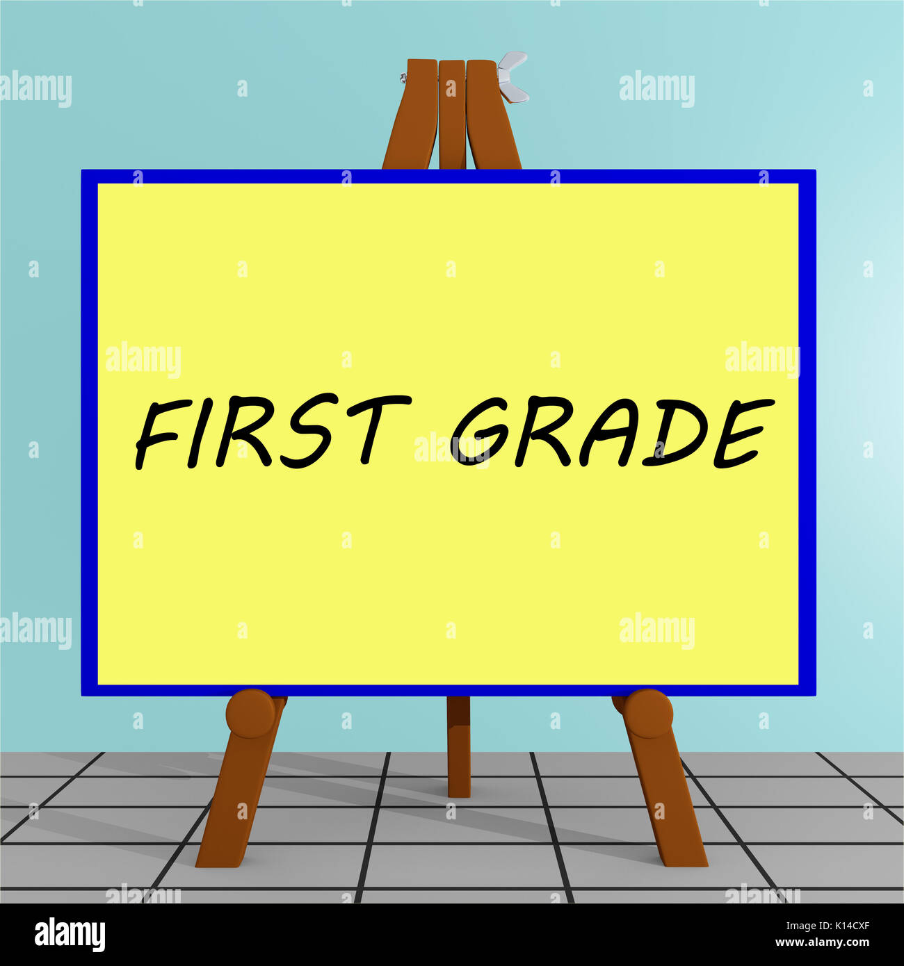 3D illustration of "FIRST GRADE" title on a tripod display board Stock ...