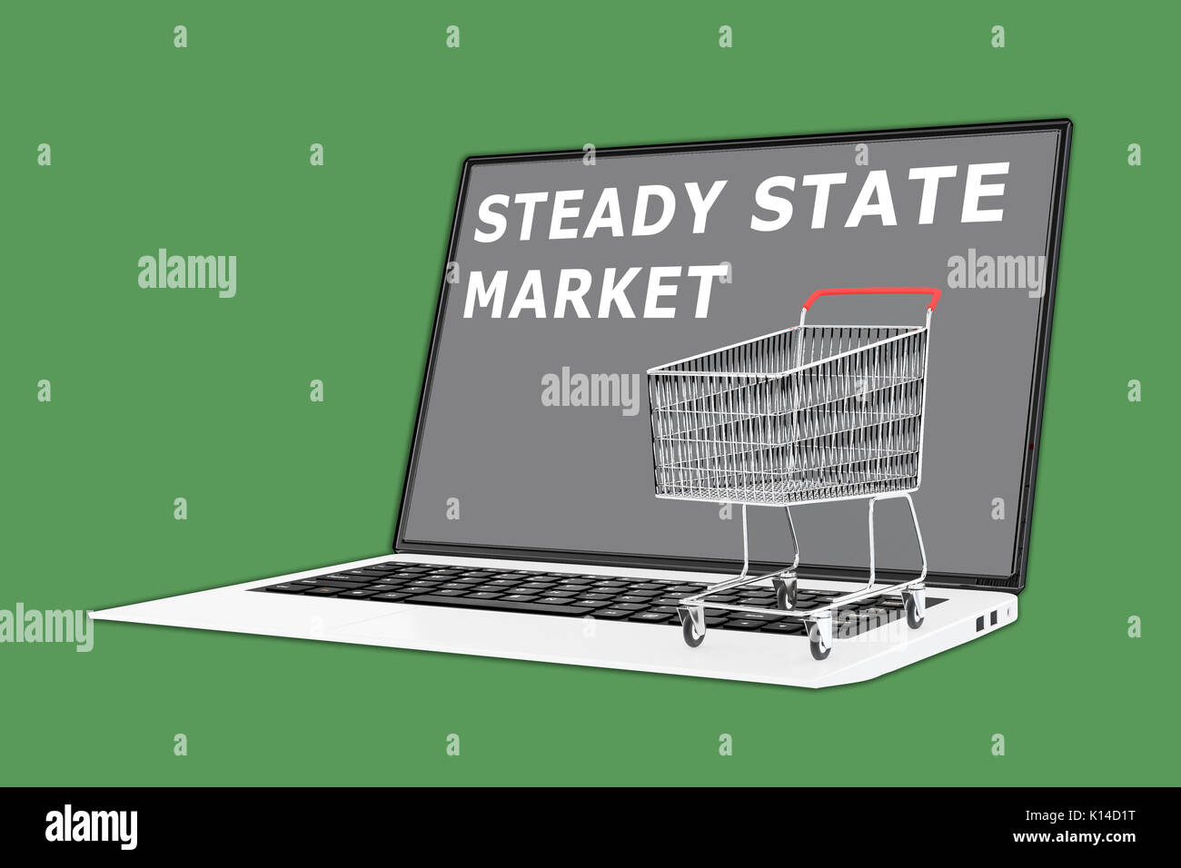 3D illustration of "STEADY STATE MARKET" script with a supermarket cart ...