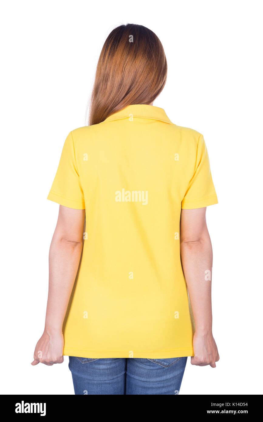 woman in yellow polo shirt isolated on a white background (back side ...