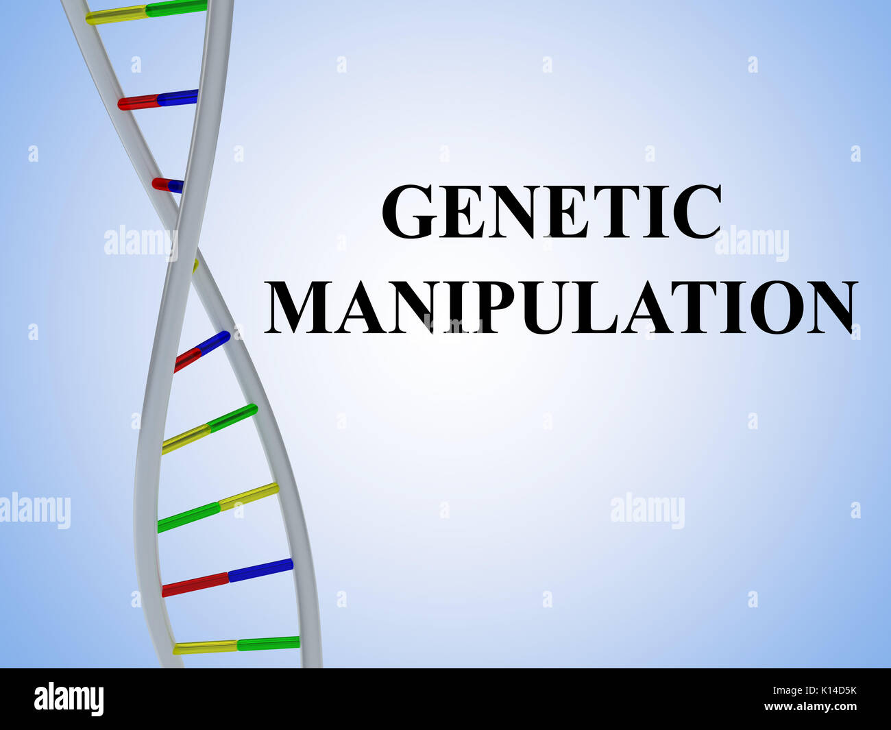 3D illustration of "GENETIC MANIPULATION" script with DNA double helix ...