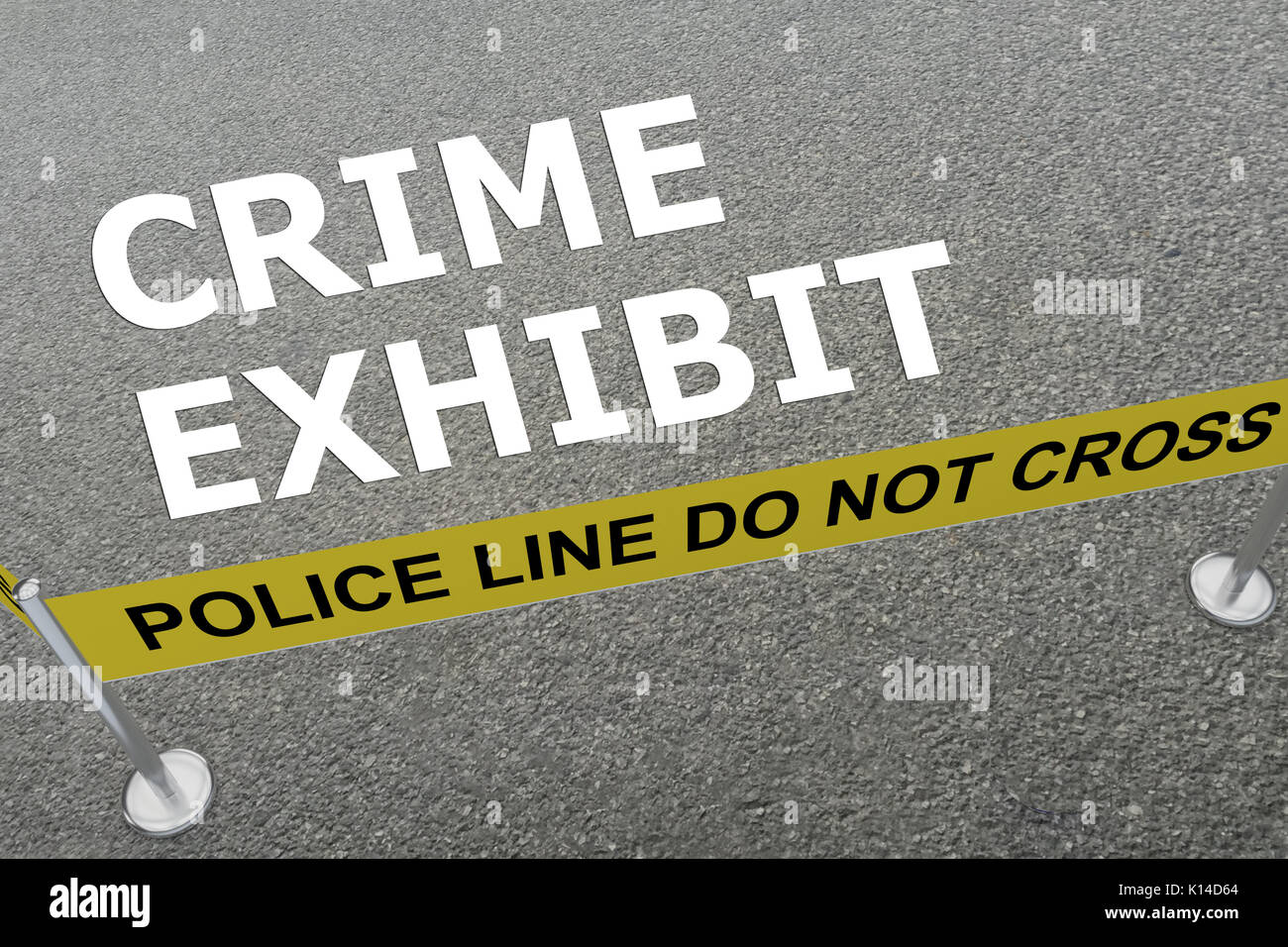 3D illustration of "CRIME EXHIBIT" title on the ground in a police ...