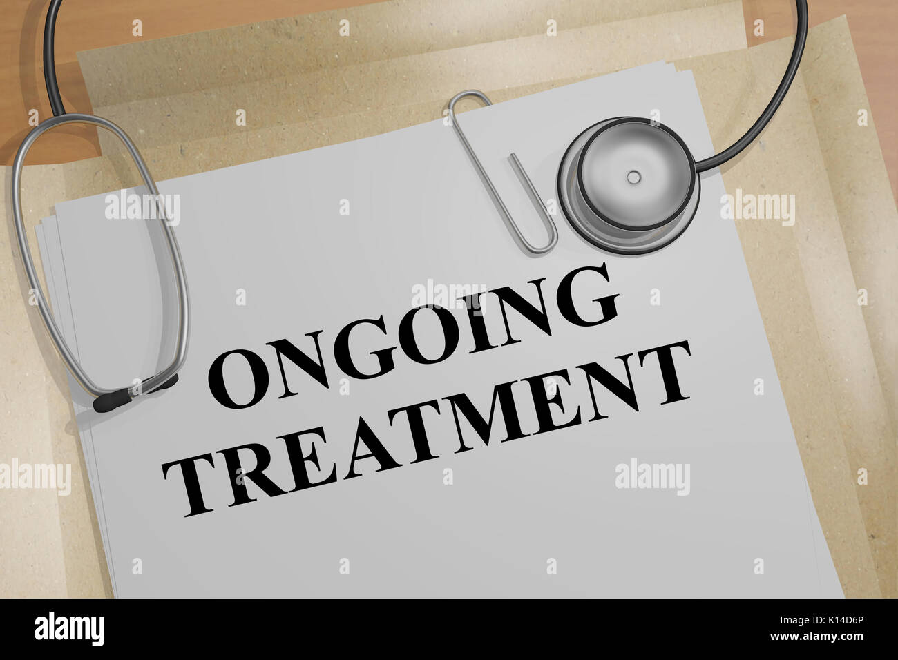3D illustration of "ONGOING TREATMENT" title on a medical document ...