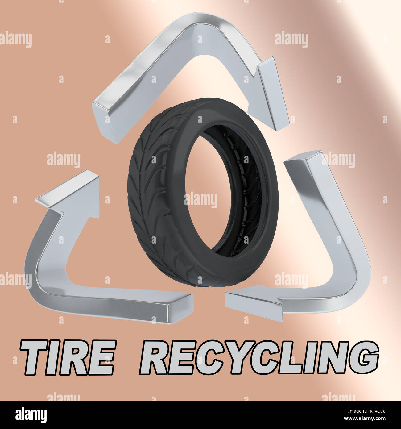 3D illustration of "TIRE RECYCLING" title with a rubber tire in a ...