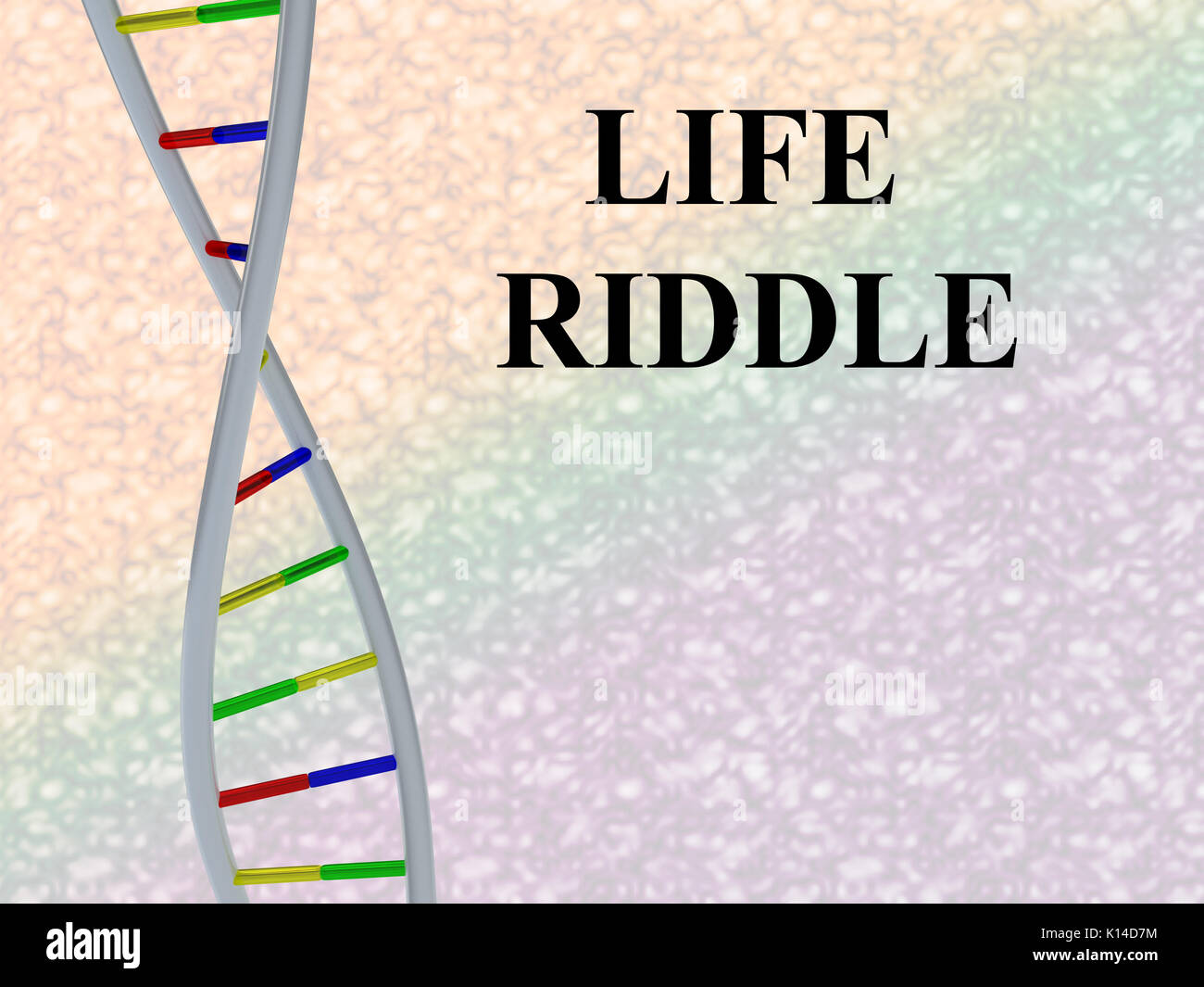 3D illustration of "LIFE RIDDLE" script with DNA double helix ...