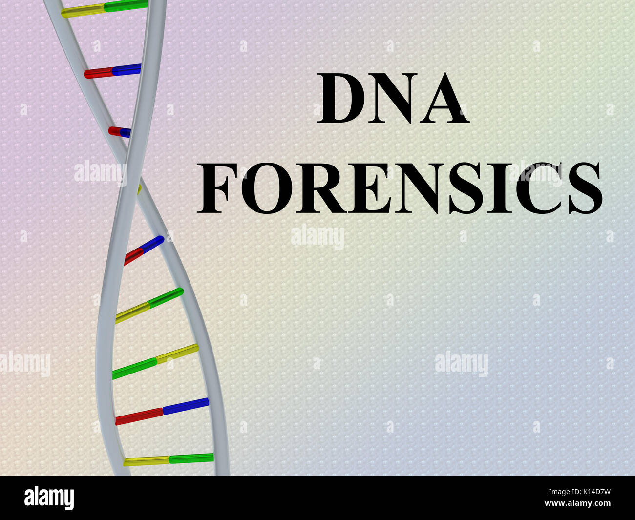 3D illustration of "DNA FORENSICS" script with DNA double helix ...
