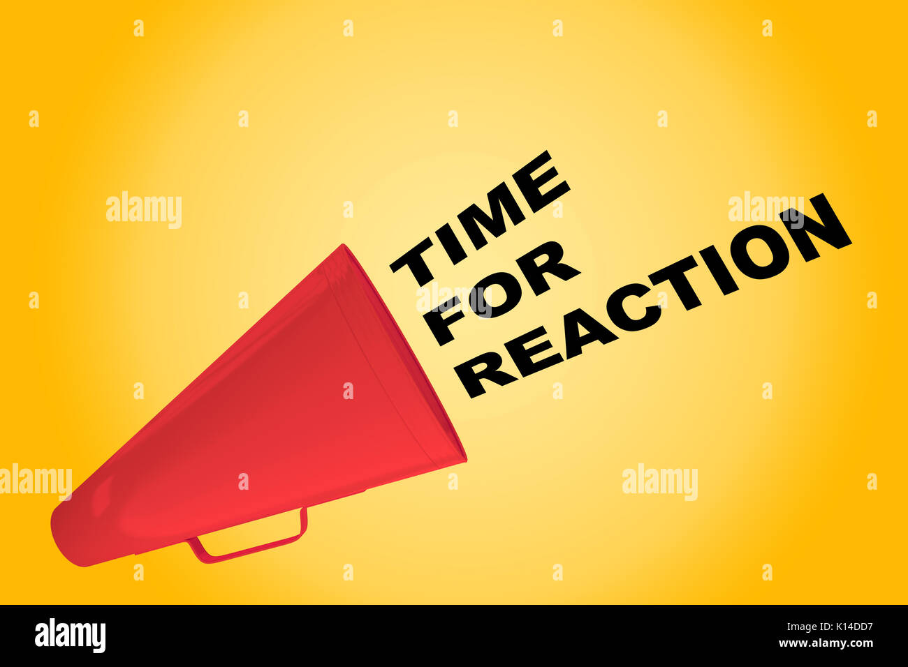3D illustration of "TIME FOR REACTION" title flowing from a loudspeaker ...