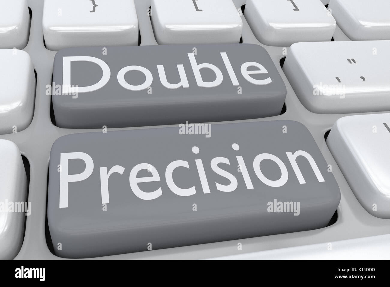 3D illustration of computer keyboard with the script "Double Precision" on two adjacent gray ...