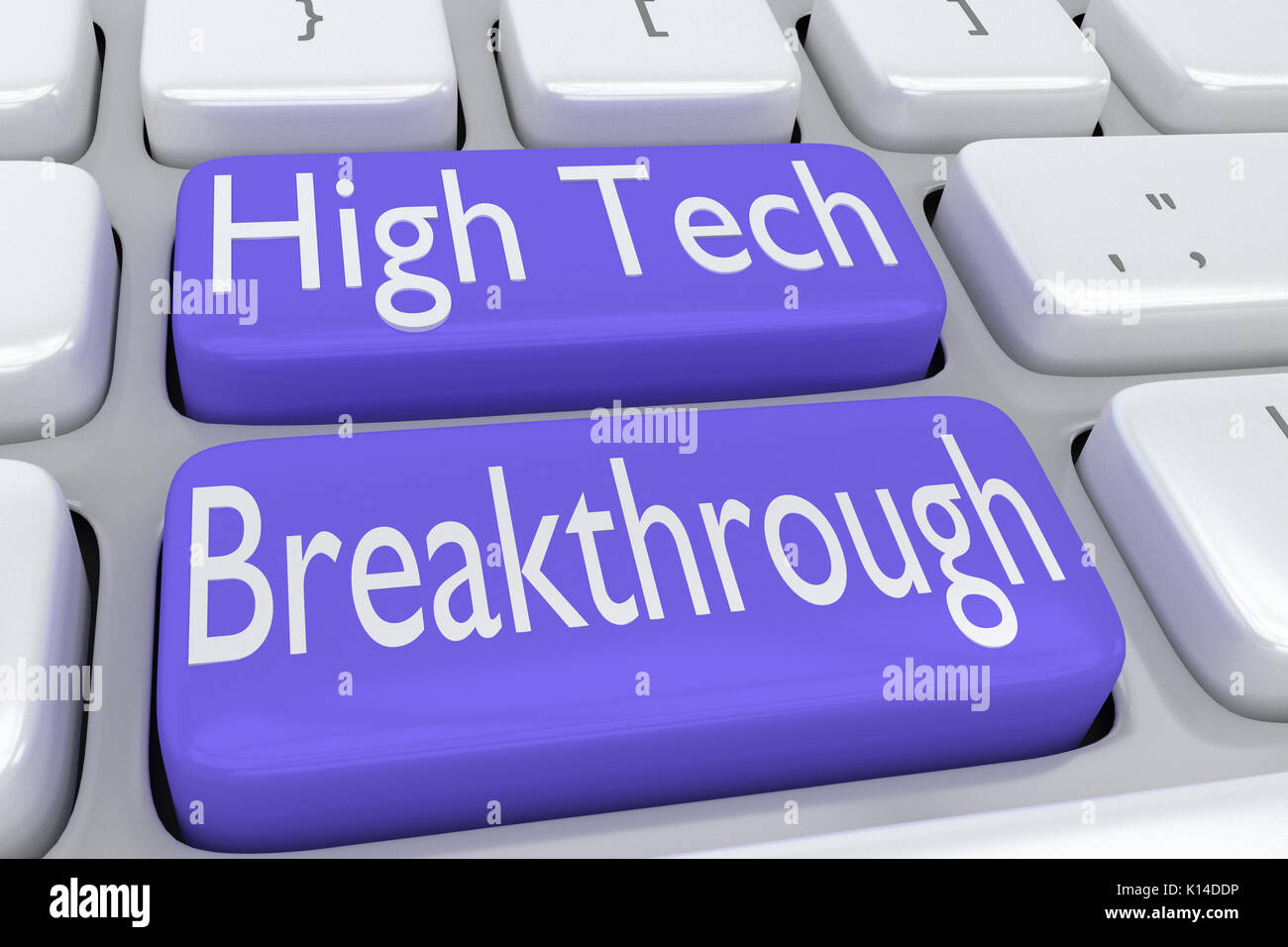 3D illustration of computer keyboard with the script "High Tech Breakthrough" on two adjacent ...