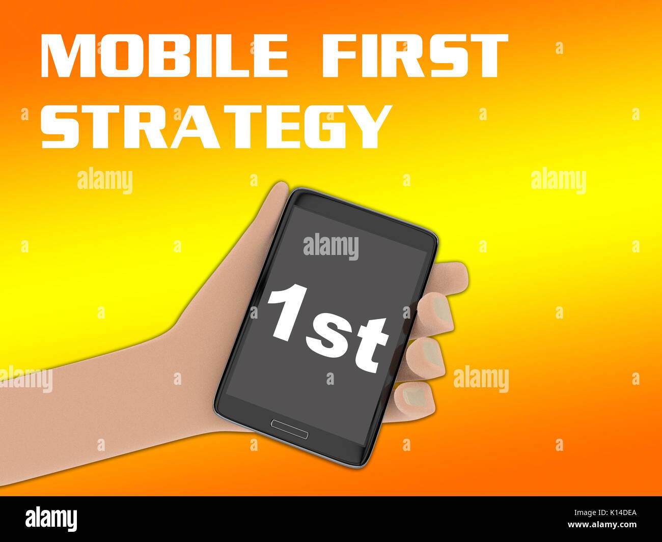 3D illustration of "1st" script on the screen of a cellulr phone held ...