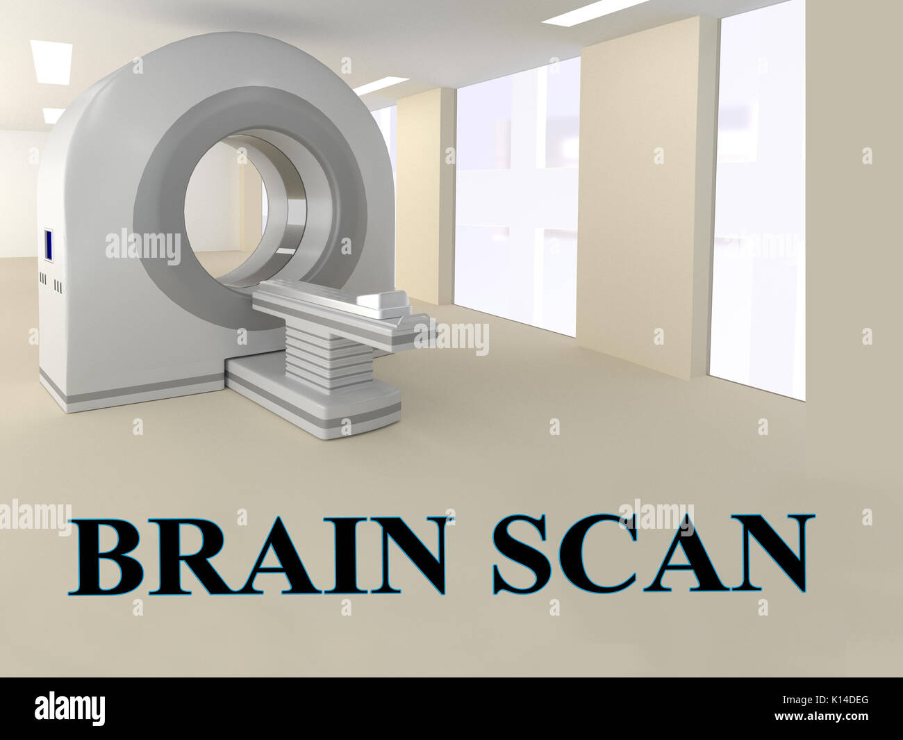 3D illustration of "BRAIN SCAN" title with a scanner as a background ...
