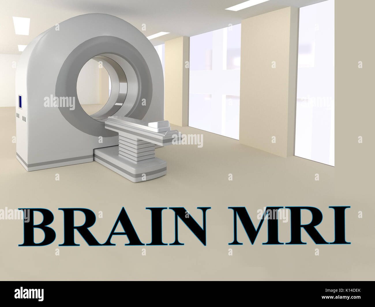 3D illustration of "BRAIN MRI" title with a scanner as a background ...