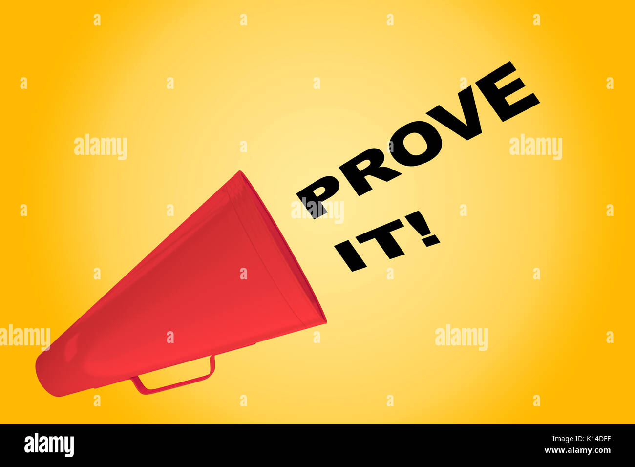 3D illustration of "PROVE IT!" title flowing from a loudspeaker Stock ...