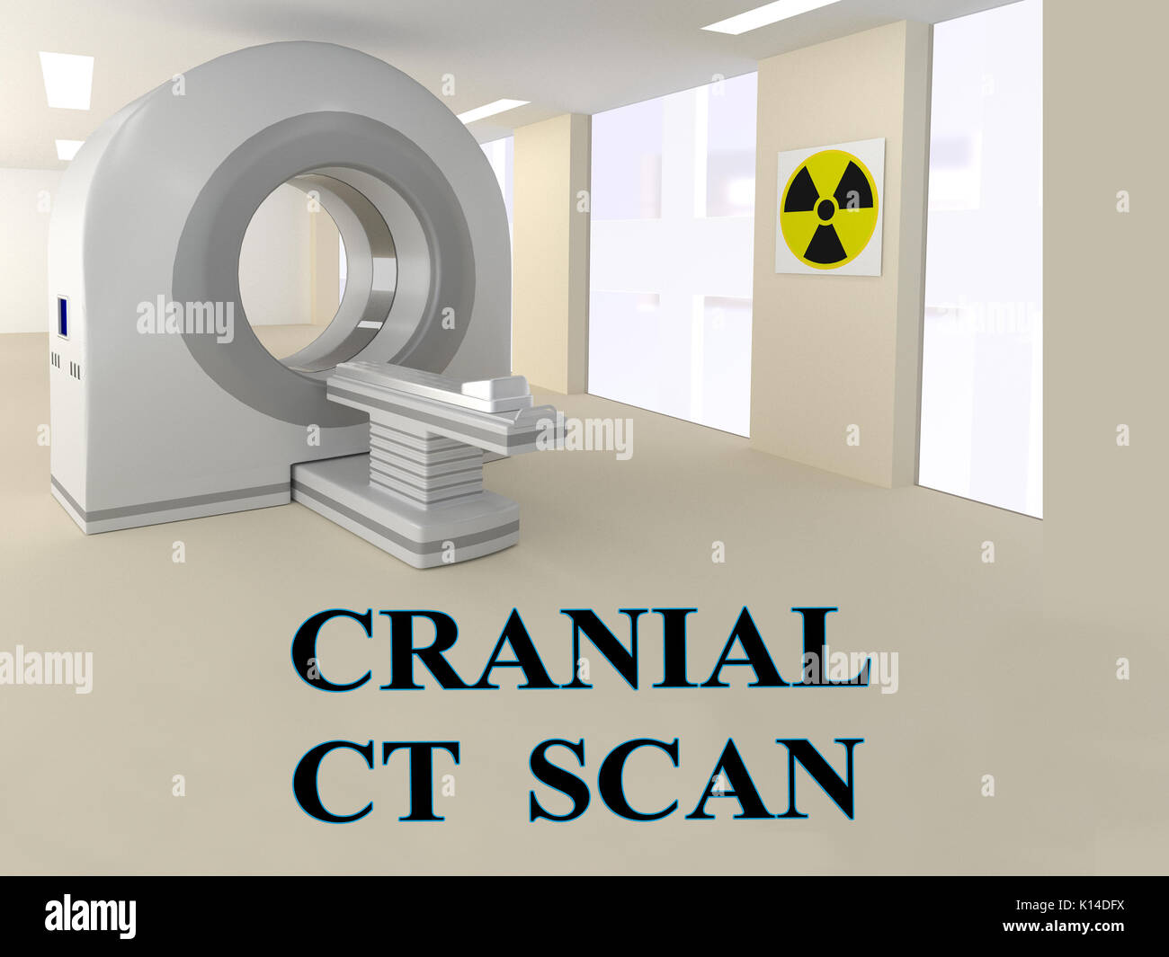 3D illustration of "CRANIAL CT SCAN" title with CT scanner as a ...