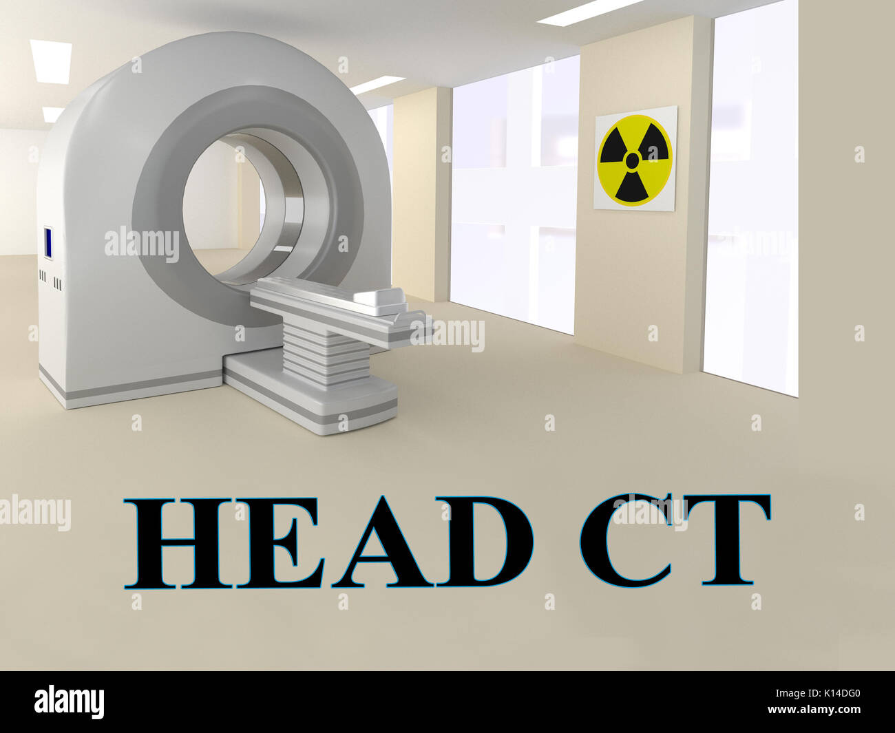 3D illustration of "HEAD CT" title with CT scanner as a background ...