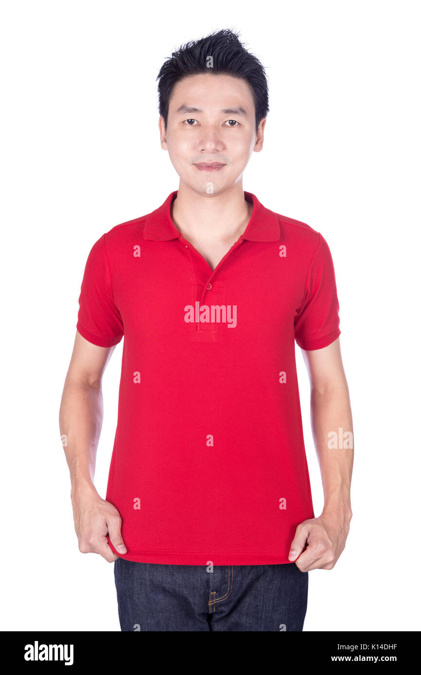 happy man in red polo shirt isolated on white background Stock Photo ...