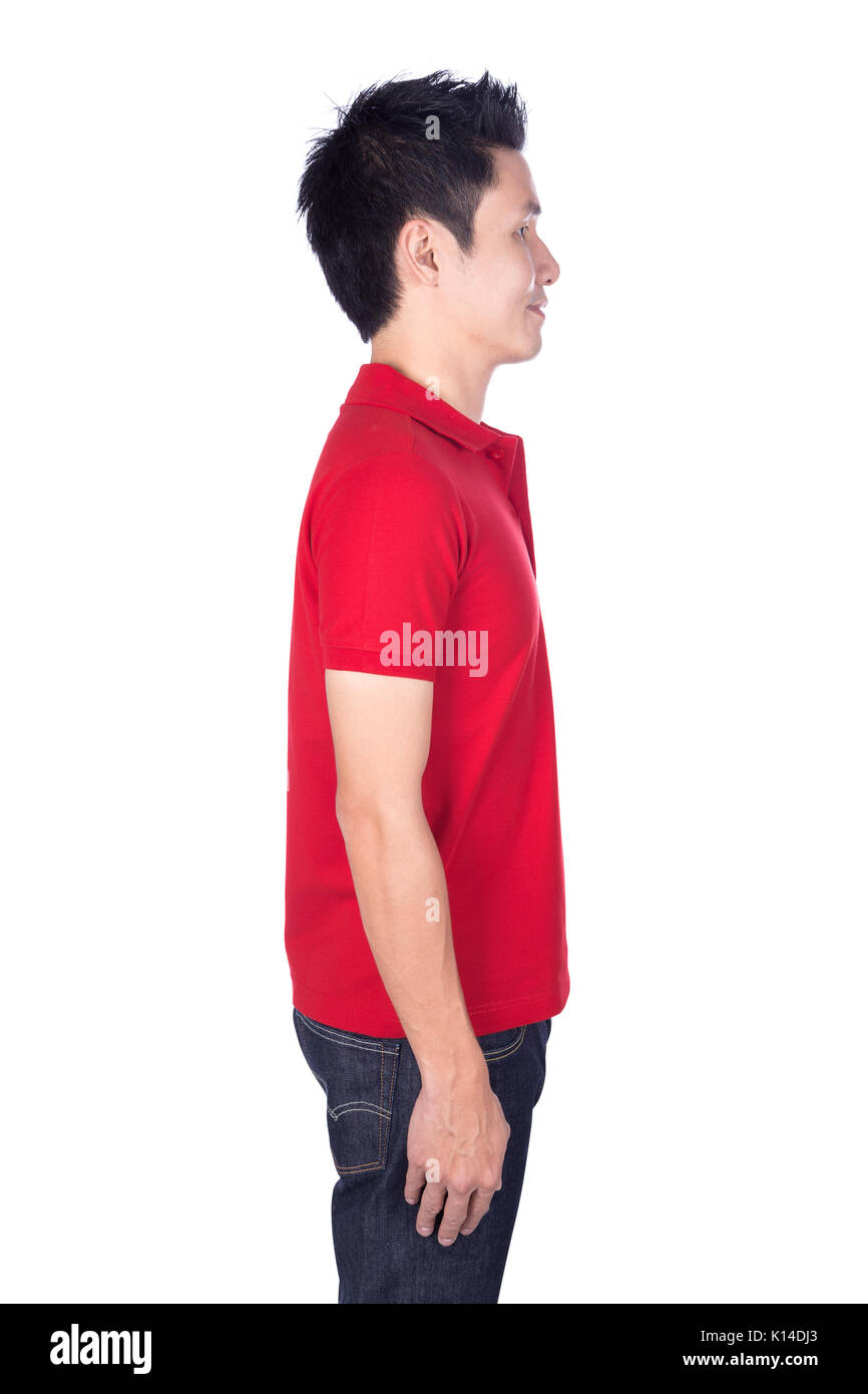 man in red polo shirt isolated on a white background (side view Stock ...
