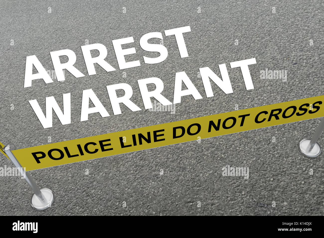 3D illustration of "ARREST WARRANT" title on the ground in a police ...