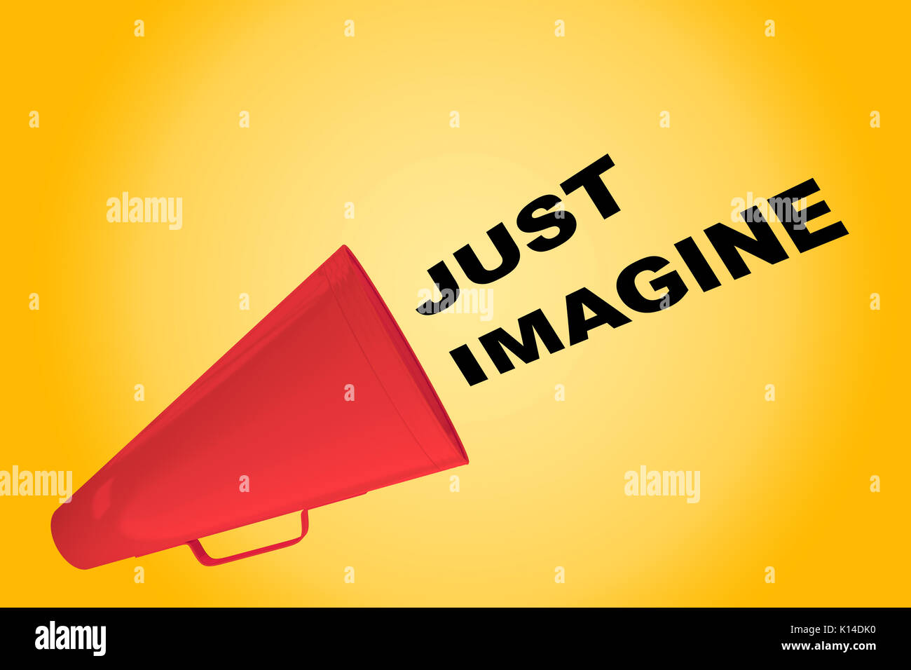 3D illustration of "JUST IMAGINE" title flowing from a loudspeaker ...